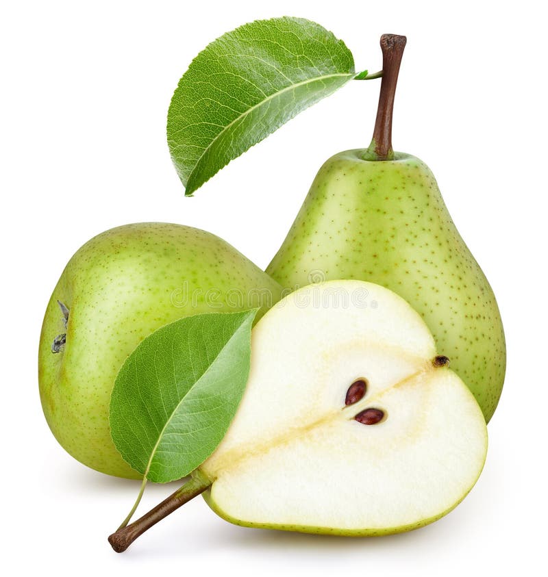 Ripe Whole Pear Fruit with Green Leaf and Half Isolated Stock Photo ...