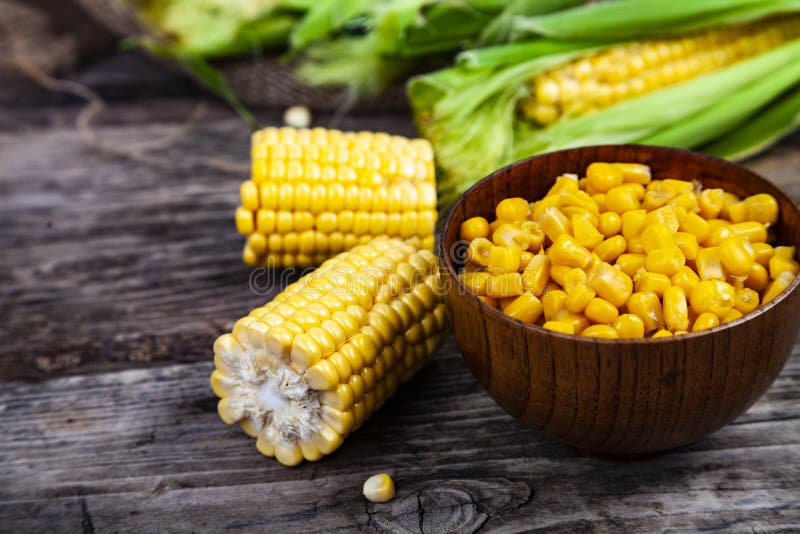 Ripe Yellow Corn and Canned Corn in a Wooden Bowl Stock Image - Image ...