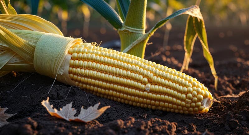 Ripe Yellow Corn Cob on Stalk Husk Partially Open Soil at Base. Stock ...