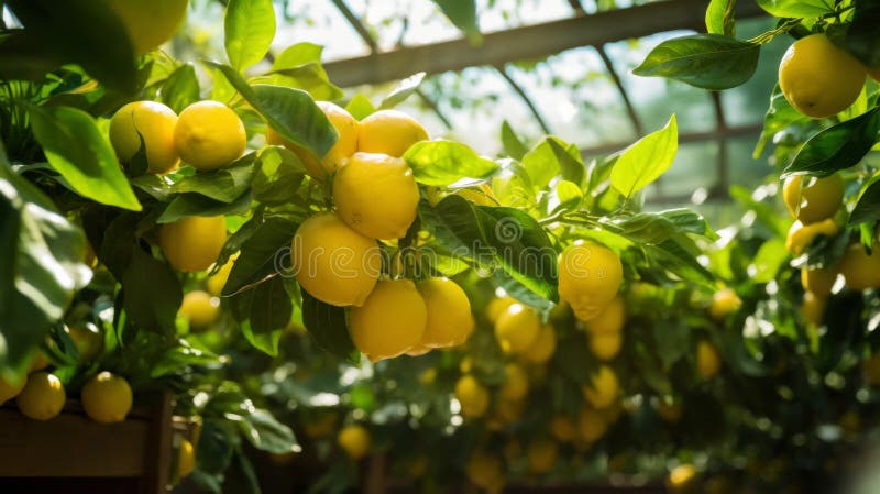 Ripe Yellow Lemons Growing on Tree in Greenhouse. Generative AI Stock ...