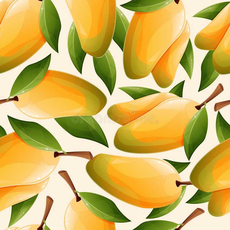 Ripe Yellow Mango on a Branch with a Leaf. Vector Seamless Cartoon ...