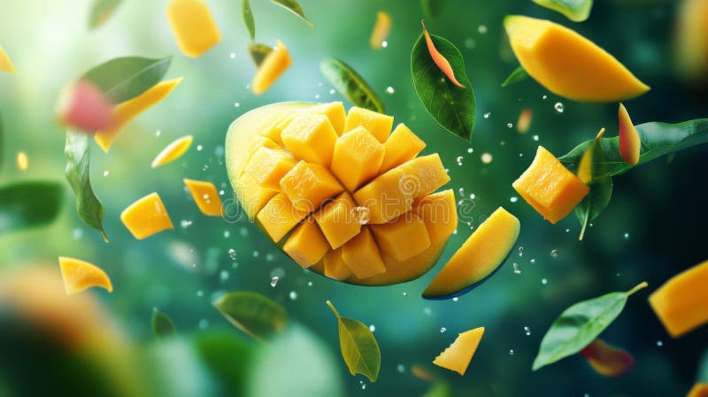 Ripe Yellow Mango Fruit Pieces Falling with Green Leaves Stock ...