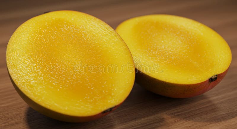 Ripe Yellow Mango Halves on Wooden Surface Stock Illustration ...