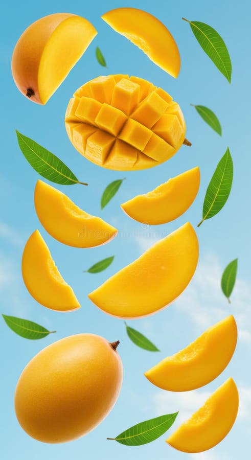 Ripe Yellow Mango Slices and Leaves Falling on Blue Sky Background ...