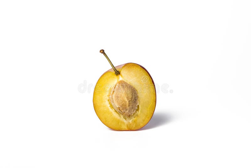 Ripe Yellow Plum. White Background Isolate. Cut in Half with a Bone ...