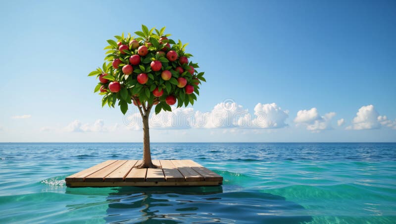 Ripeapple Tree Floats on Raft Amidst Open Ocean Waters Stock ...