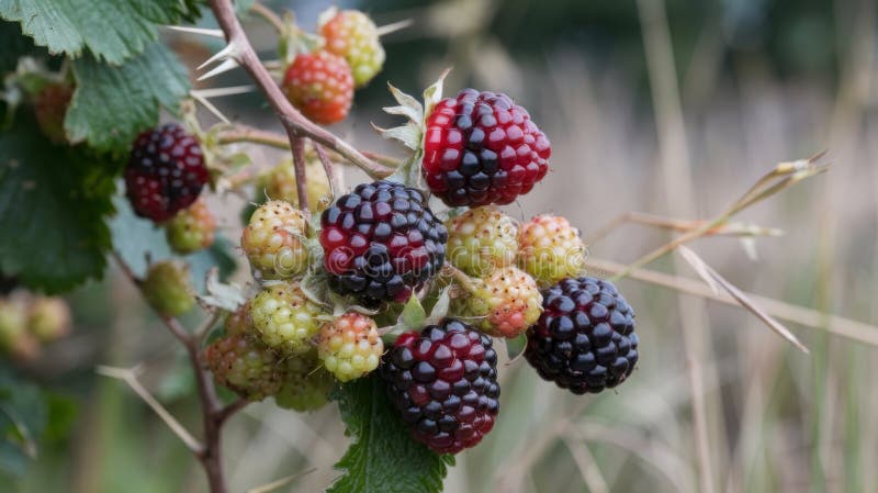 Ripened and Unripened Blackberries on a Bush Stock Illustration ...