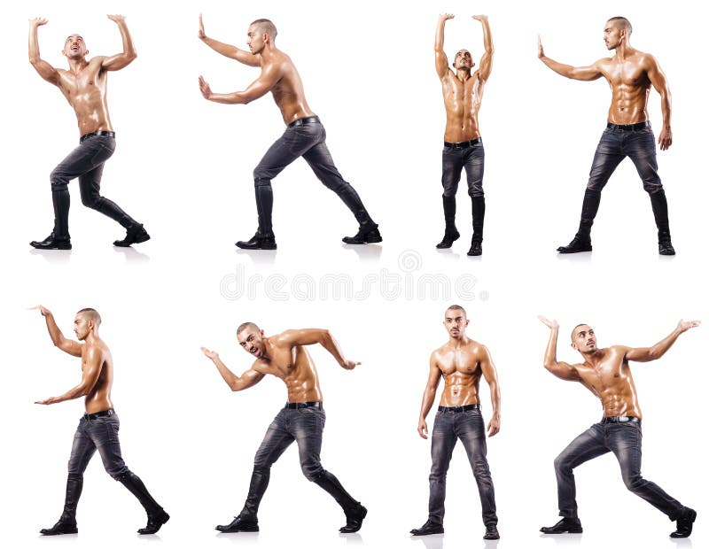 The Ripped Man Pushing Away Virtual Obstacle Stock Photo - Image of ...