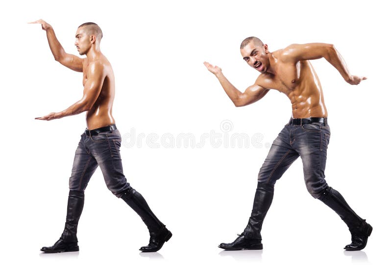 The Ripped Man Pushing Away Virtual Obstacle Stock Photo - Image of ...