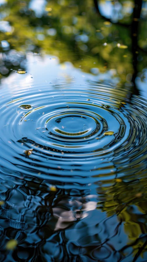 Ripples in Calm Water Reflecting Green Trees and Sunlight with Circular ...