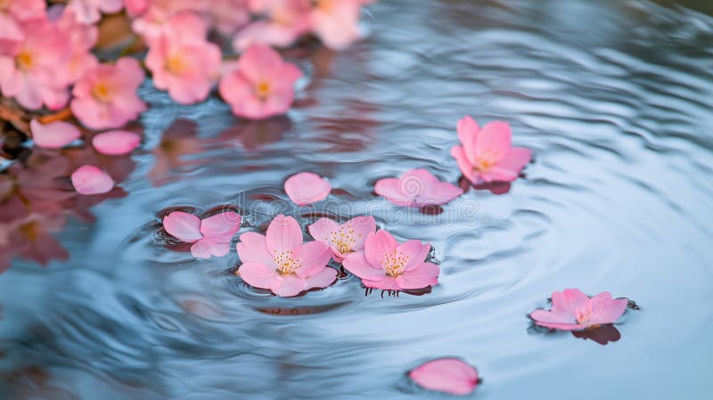 Ripples and Cherry Blossom Petals Float Gently on Water Reflecting the ...