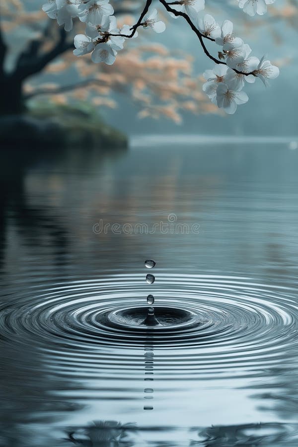 Ripples Created by Falling Drops on a Tranquil Lake Under Blooming ...