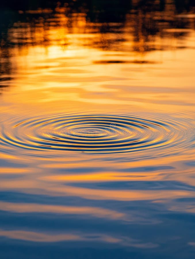 Ripples Expand in Calm Lake during Sunset Creating a Tranquil ...