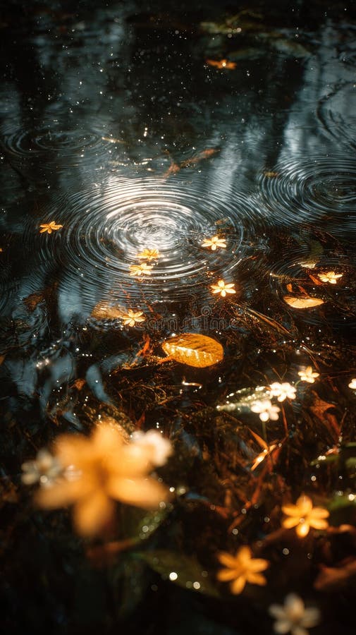Ripples in the Water with Fallen Flowers during a Gentle Rain in a ...
