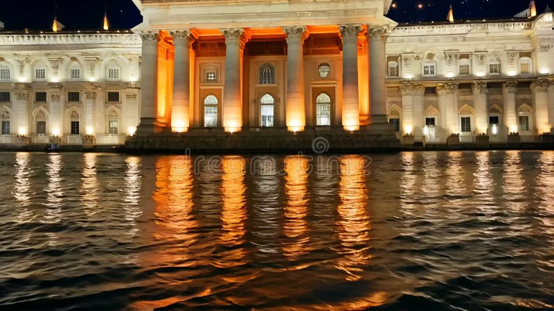The Rippling Water of a River Reflects the Illuminated Facade of a ...