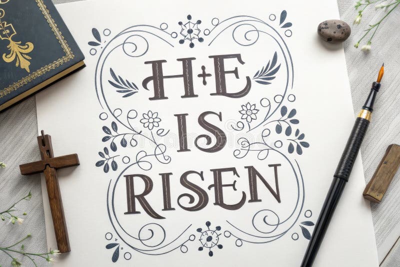 He is Risen: Elegant Christian Calligraphy with Cross and Ink Pen Stock ...