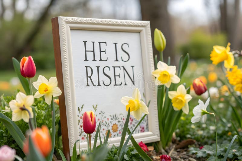 He is Risen Message Framed by Tulips and Daffodils Stock Illustration ...
