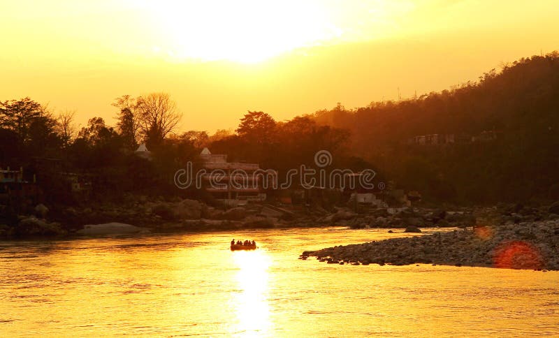 RISHIKESH, INDIA - Sunset in Ganga River, Boat Rafting Stock Photo ...