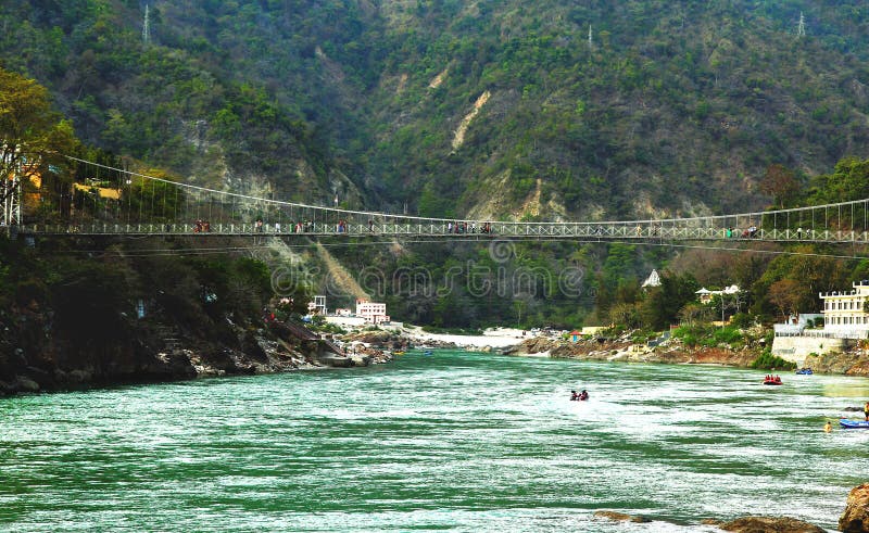 RISHIKESH, INDIA - View To Ganga River and Lakshman Jhula Bridge Stock ...