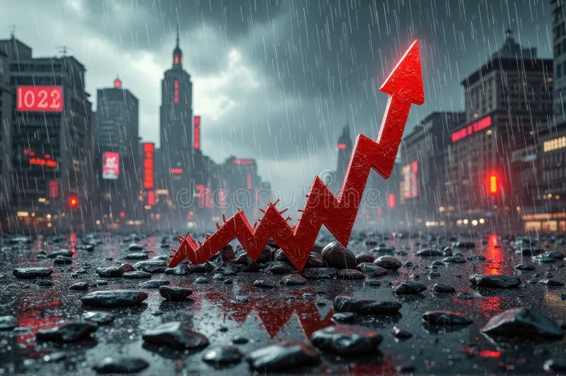 Rising Arrow in Rainy Urban Scene with Red Neon Glow Stock Illustration ...