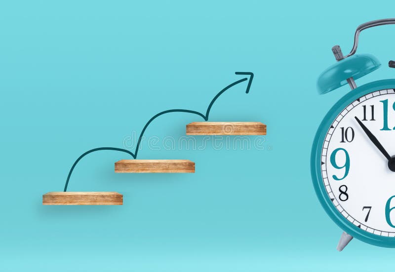 Rising Arrow on Staircase with Blue Alarm Clock, Success Concept Stock ...