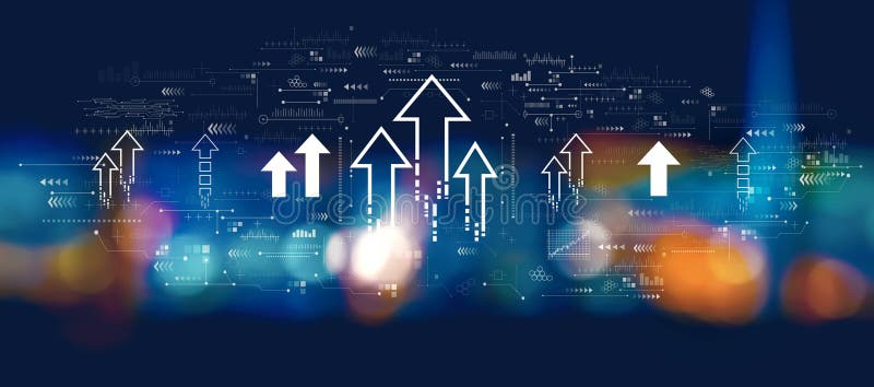 Rising Arrow Theme with Blurred City at Night Stock Photo - Image of ...