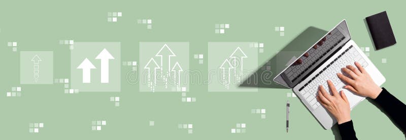 Rising Arrow Theme with Person Using Laptop Computer Stock Photo ...