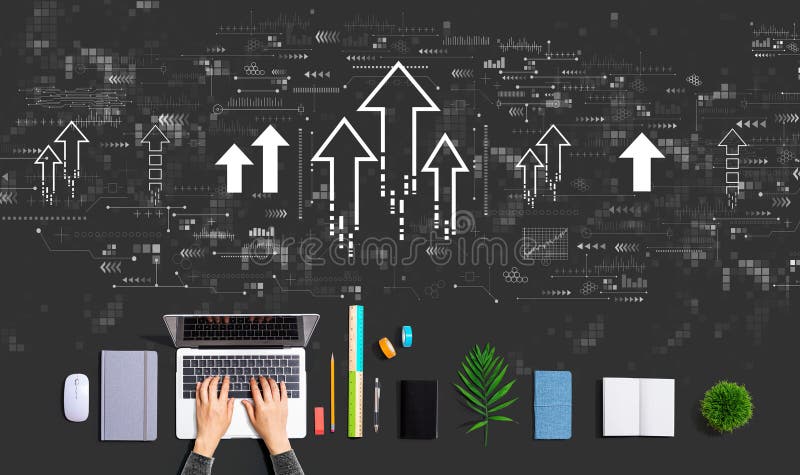 Rising Arrow Theme with Person Using a Laptop Stock Illustration ...