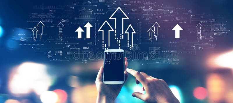 Rising Arrow Theme with a Smartphone in City Lights at Night Stock ...