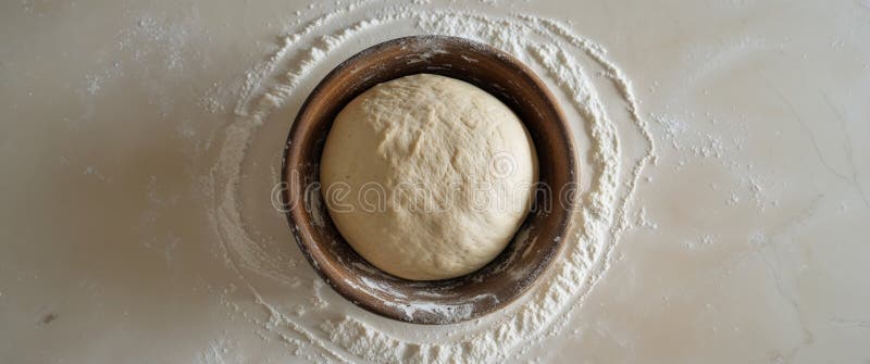 Rising Ball of Bread Dough in a Wooden Bowl with Flour Dust on the ...