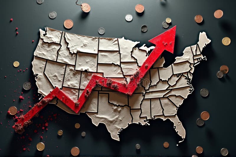Rising Economic Growth Depicted by Red Arrow and Us Map with Coins on ...