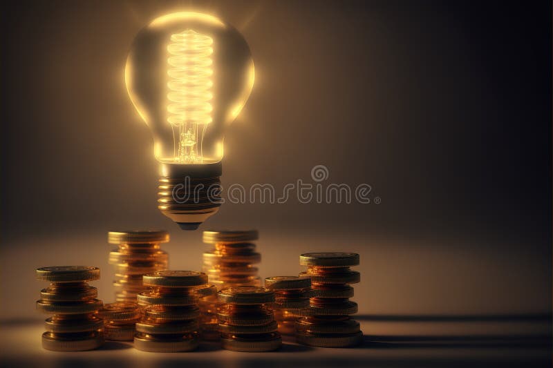 Rising Energy Cost Concept. Light Bulb on Top of a Stack of Gold Coins ...