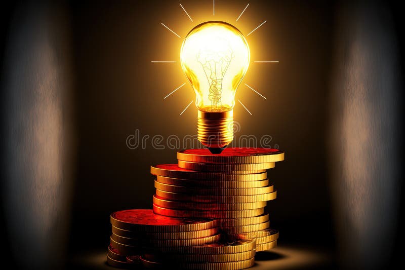 Rising Energy Cost Concept. Light Bulb on Top of a Stack of Gold Coins ...