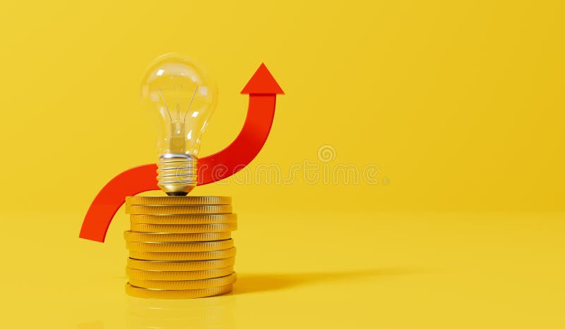 Rising Energy Cost Concept. Light Bulb on Top of a Stack of Gold Coins ...