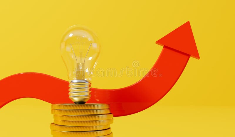 Rising Energy Cost Concept. Light Bulb on Top of a Stack of Gold Coins ...