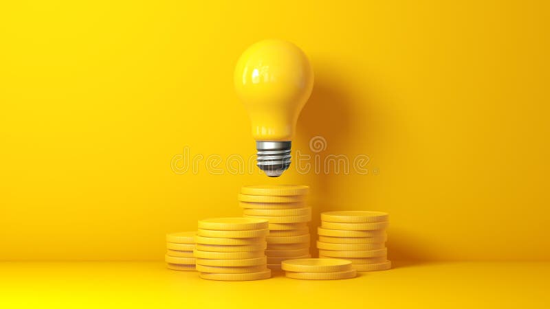 Rising Energy Cost Concept. Light Bulb on Top of a Stack of Yellow Gold ...