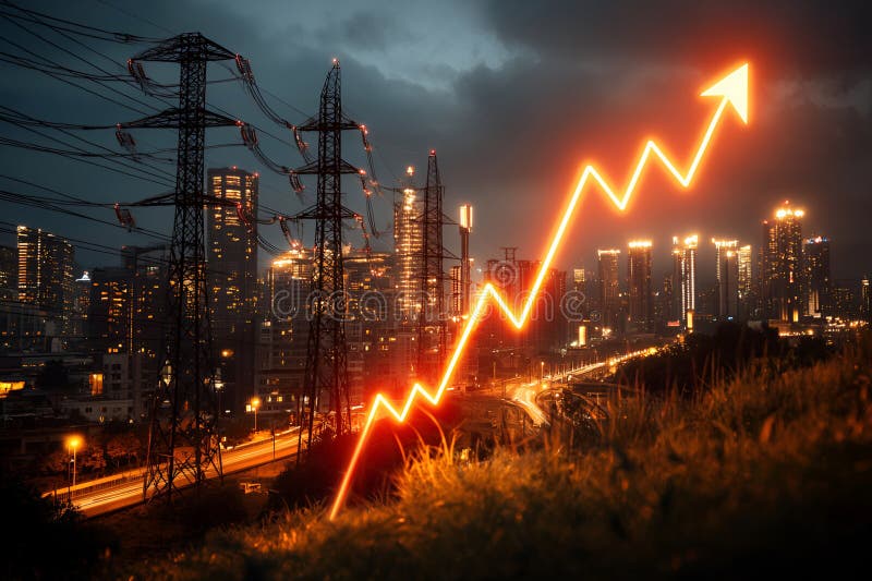Rising Energy Demand Amid Urban Night Skyline with Illuminated Power ...