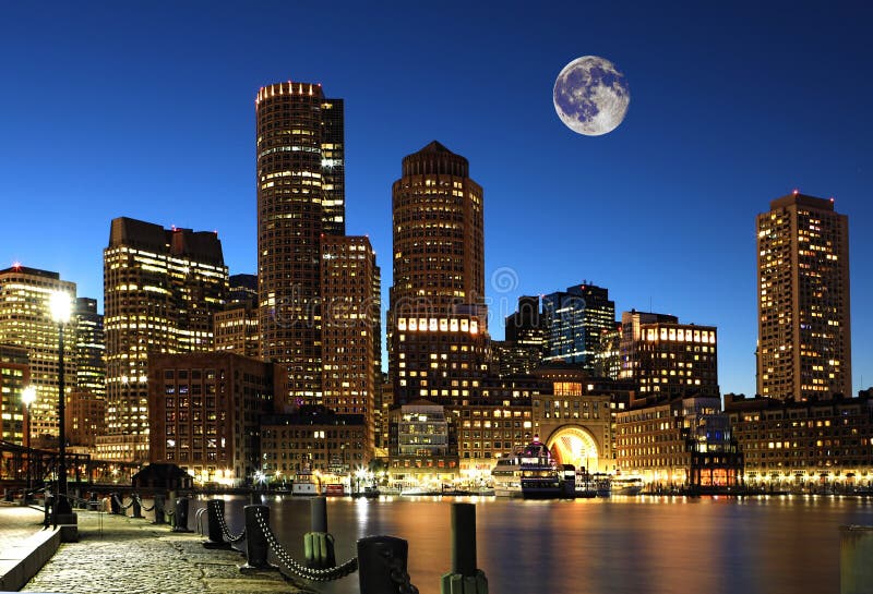 Rising Moon Over Boston, Massachusetts Stock Image - Image of business ...
