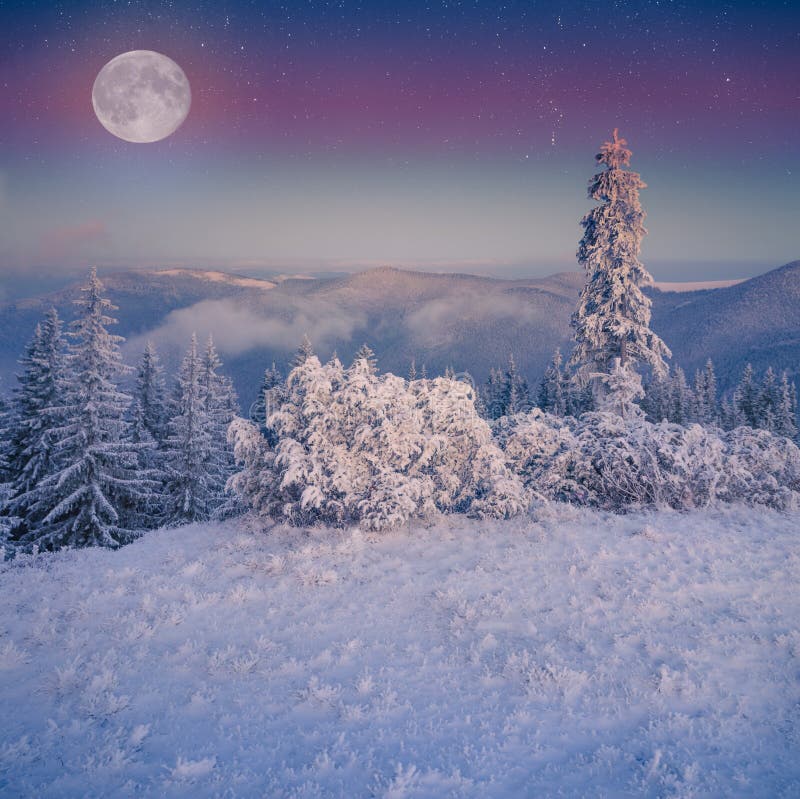 Rising Moon Over Winter Mountains. Stock Image - Image of highlands ...