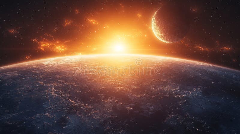 Rising Planet with Sun and Moon Stock Illustration - Illustration of ...