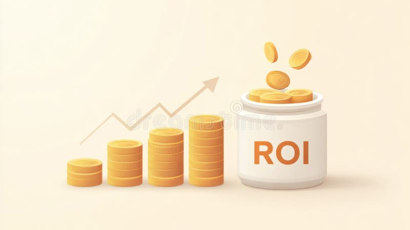 Rising Profit Chart with Coins Falling into Growing Jar Labeled ROI ...