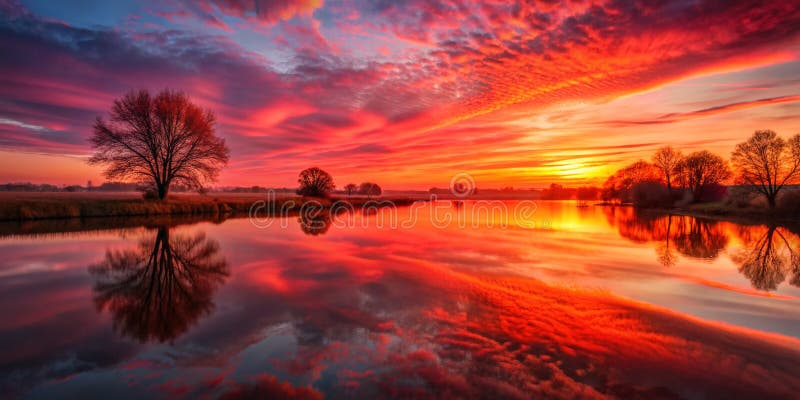 The Rising of the Red Sun and the Reflection of the Sun in the River AI ...