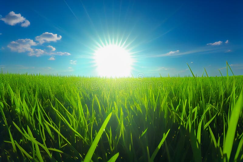 Rising Spring Field Over Green Grass. 3d Illustration Stock ...