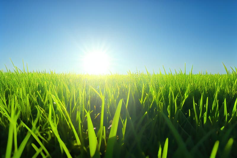 Rising Spring Field Over Green Grass. 3d Illustration Stock ...