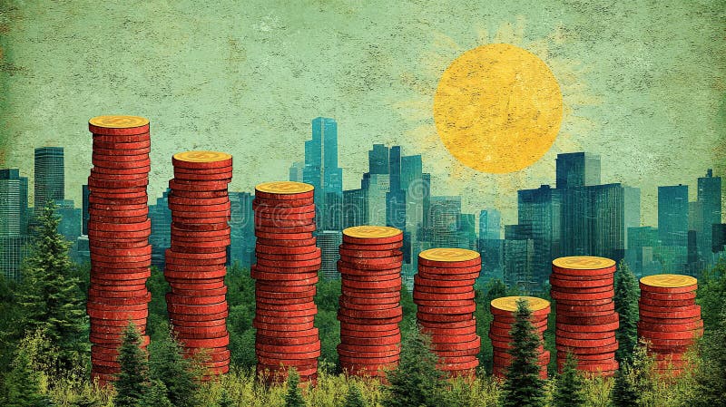 Rising Stacks of Coins in a City Backdrop Stock Illustration ...
