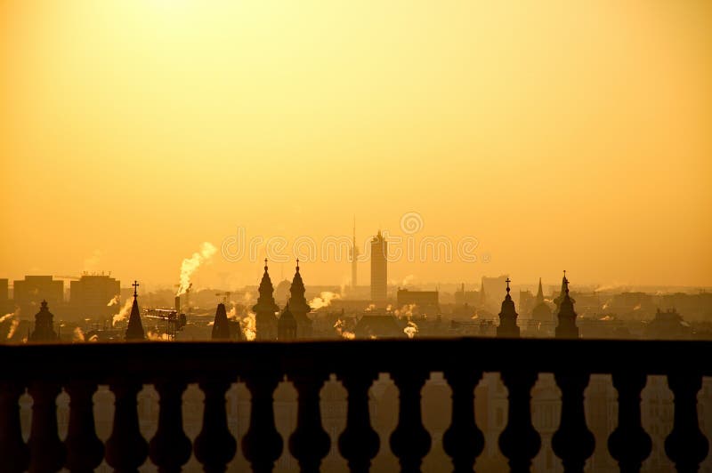 Rising sun over the city stock image. Image of smoke - 63337339