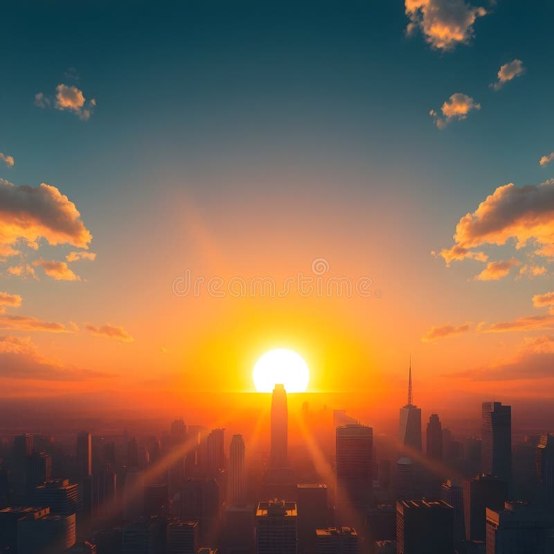 A Rising Sun Over a Unified Cityscape Stock Illustration - Illustration ...