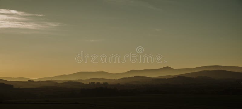 Rising Sun Panorama of Meadows and Hills Stock Image - Image of ...