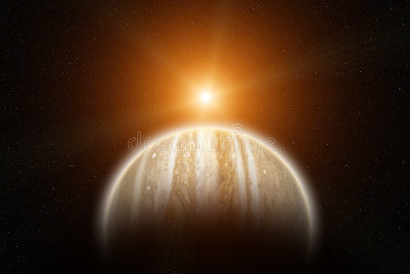 Rising Sun on Planet Jupiter with Stars on Background Stock ...