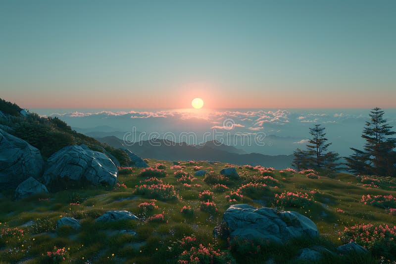 Rising Sun and Sea with Tree Stock Illustration - Illustration of ...